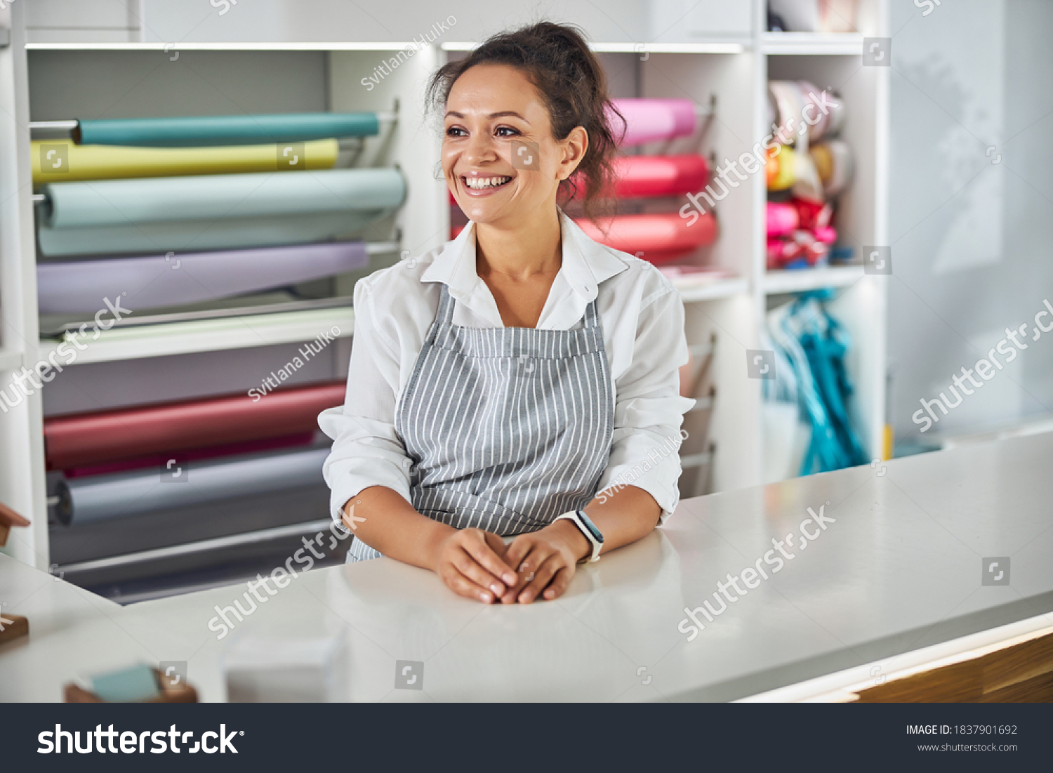Friendly Brunette Woman Leaning On Counter Stock Photo 1837901692 ... Friendly Brunette Woman Leaning On Counter Stock Photo 1837901692 ...