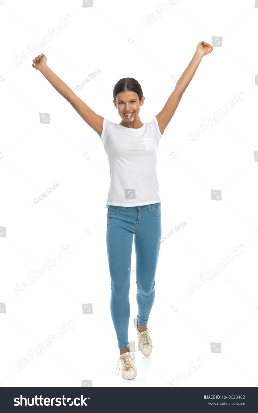Cheerful Casual Woman Celebrating Laughing Walking Stock Photo ... Cheerful Casual Woman Celebrating Laughing Walking Stock Photo ...