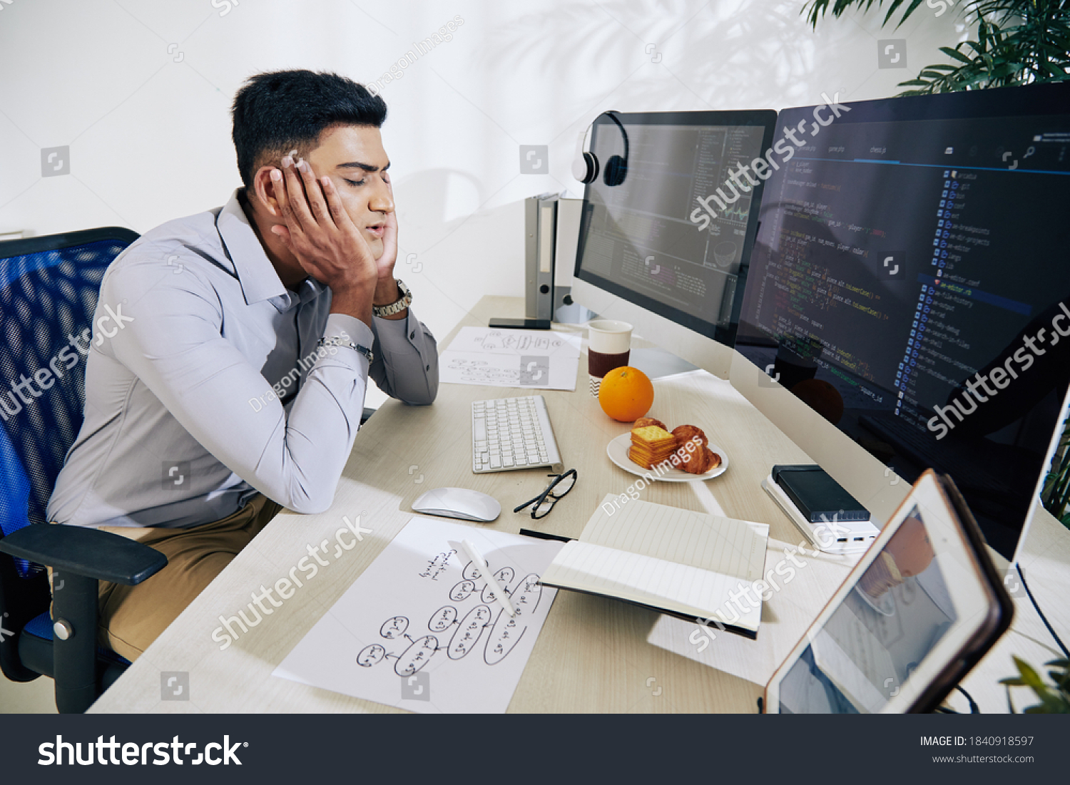 Tired Young Indian Programmer Almost Sleeping Stock Photo 1840918597 ...
