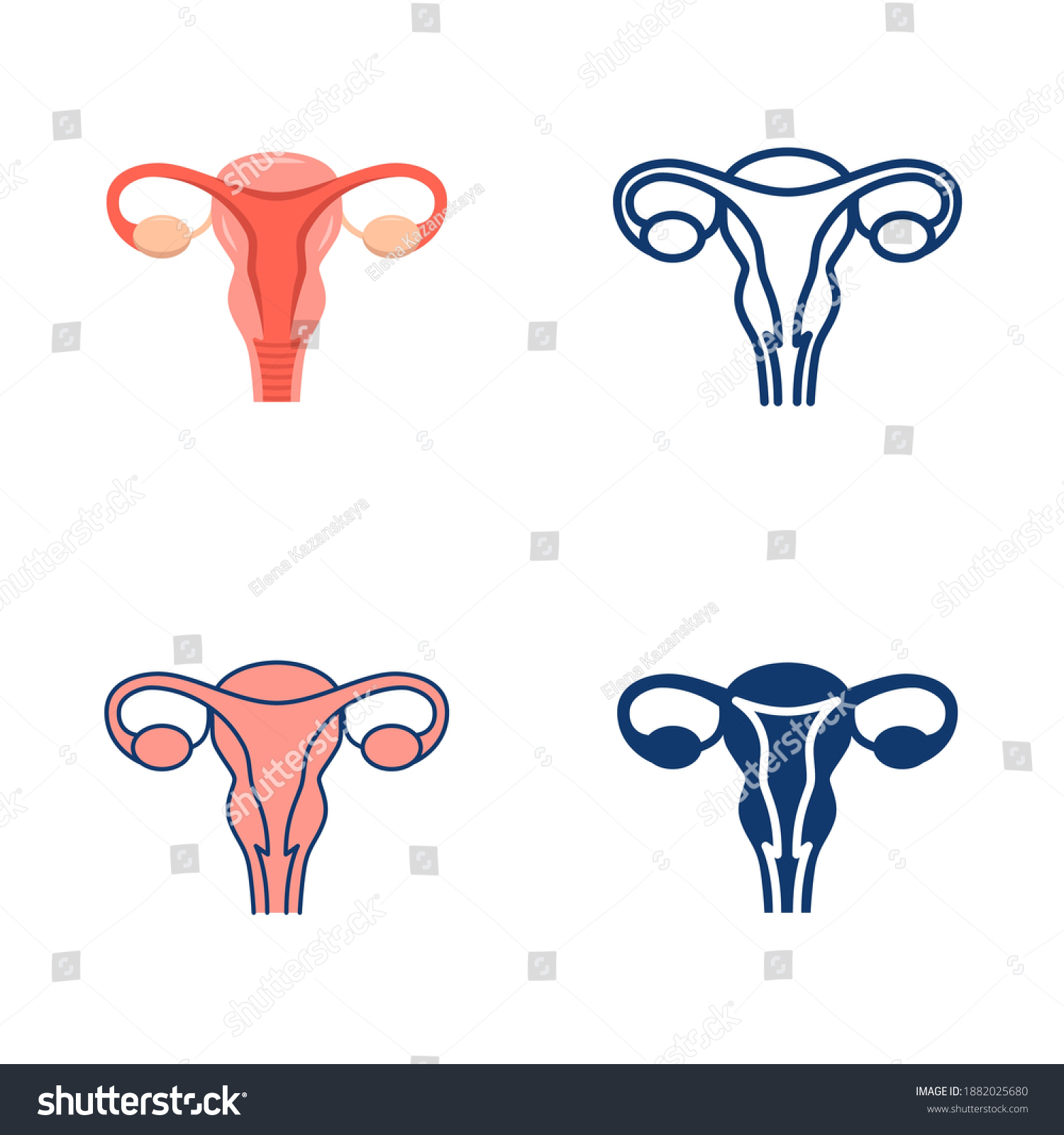Uterus Ovaries Icon Set Flat Line เวกเตอร์สต็อก ปลอดค่าลิขสิทธิ์