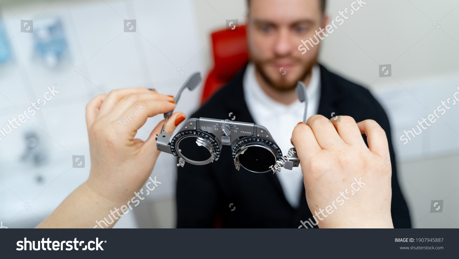 Trial Frame Opticians Hands Male Patient Stock Photo 1907945887 ... Trial Frame Opticians Hands Male Patient Stock Photo 1907945887 ...