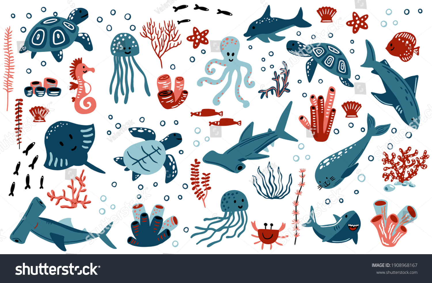 Cute Vector Ocean Set Sea Creatures Stock Vector (royalty Free