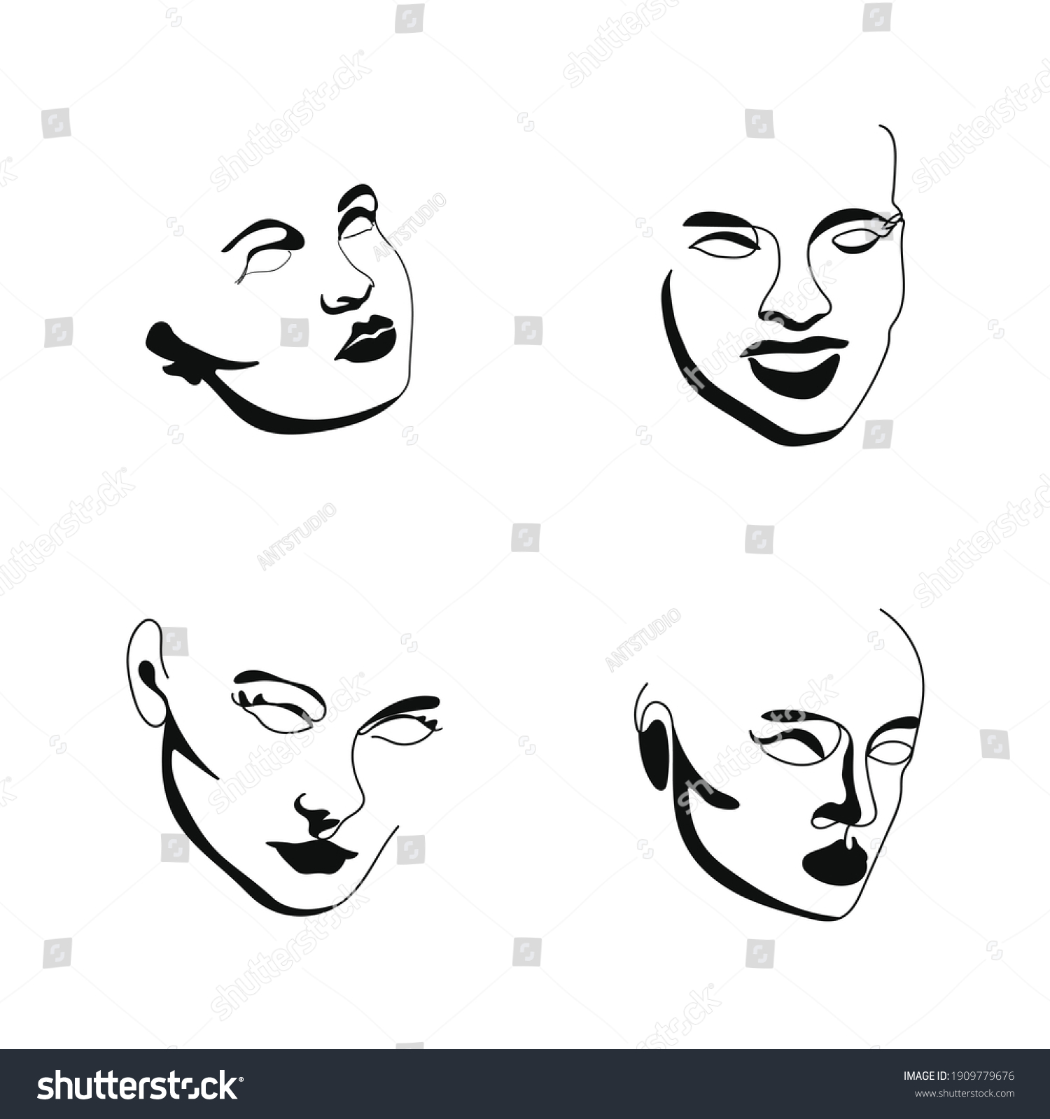 Elegant Faces Silhouette Collections One Line Stock Vector Royalty