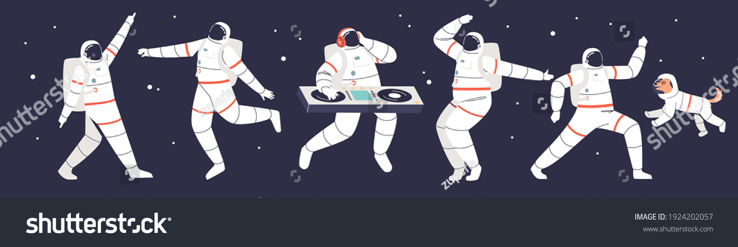 Astronauts Party Group Cartoon Spacemen Dancing Stock Vector Royalty