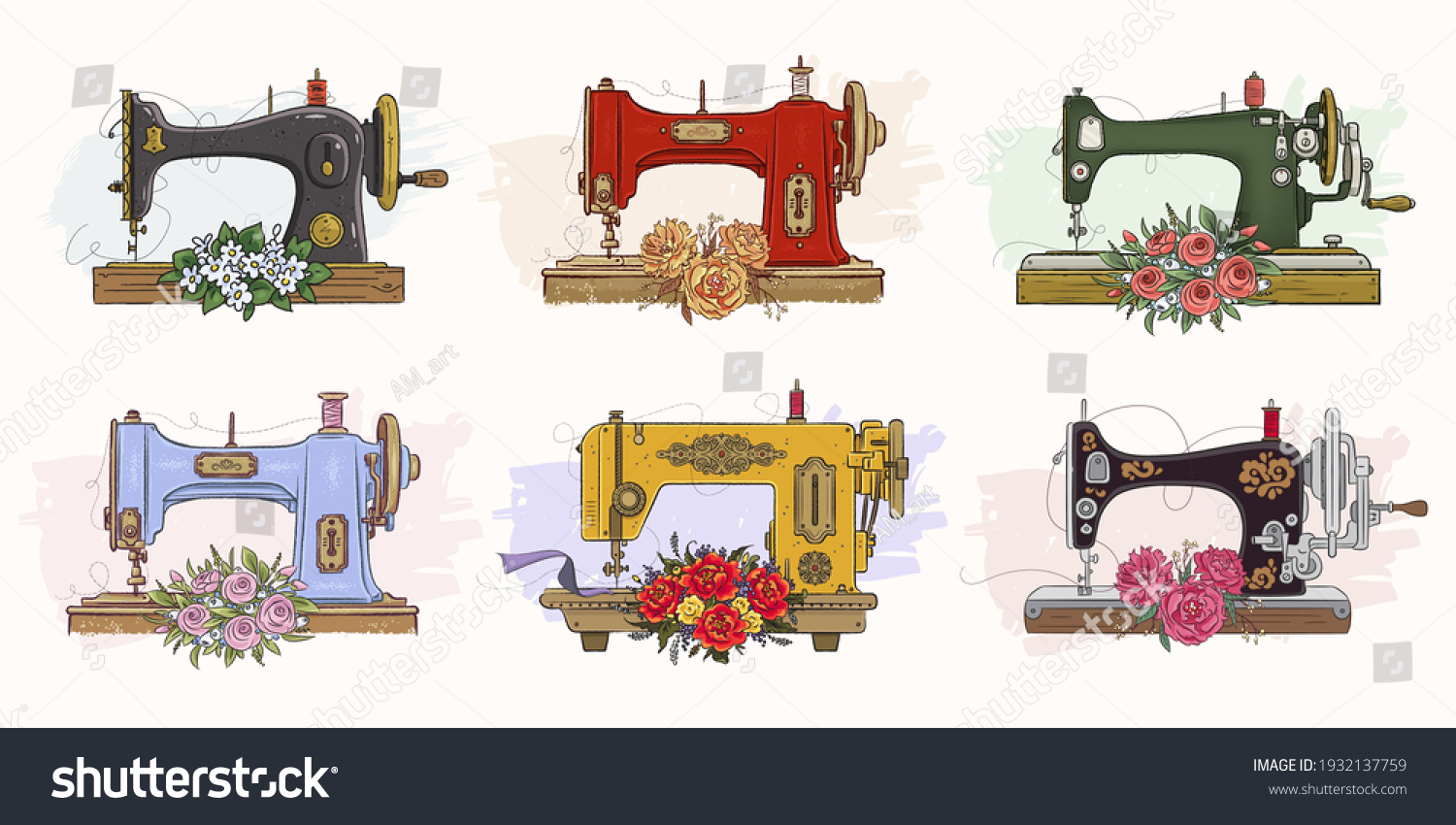 Set Hand Drawn Sewing Machines Flowers Stock Vector Royalty Free
