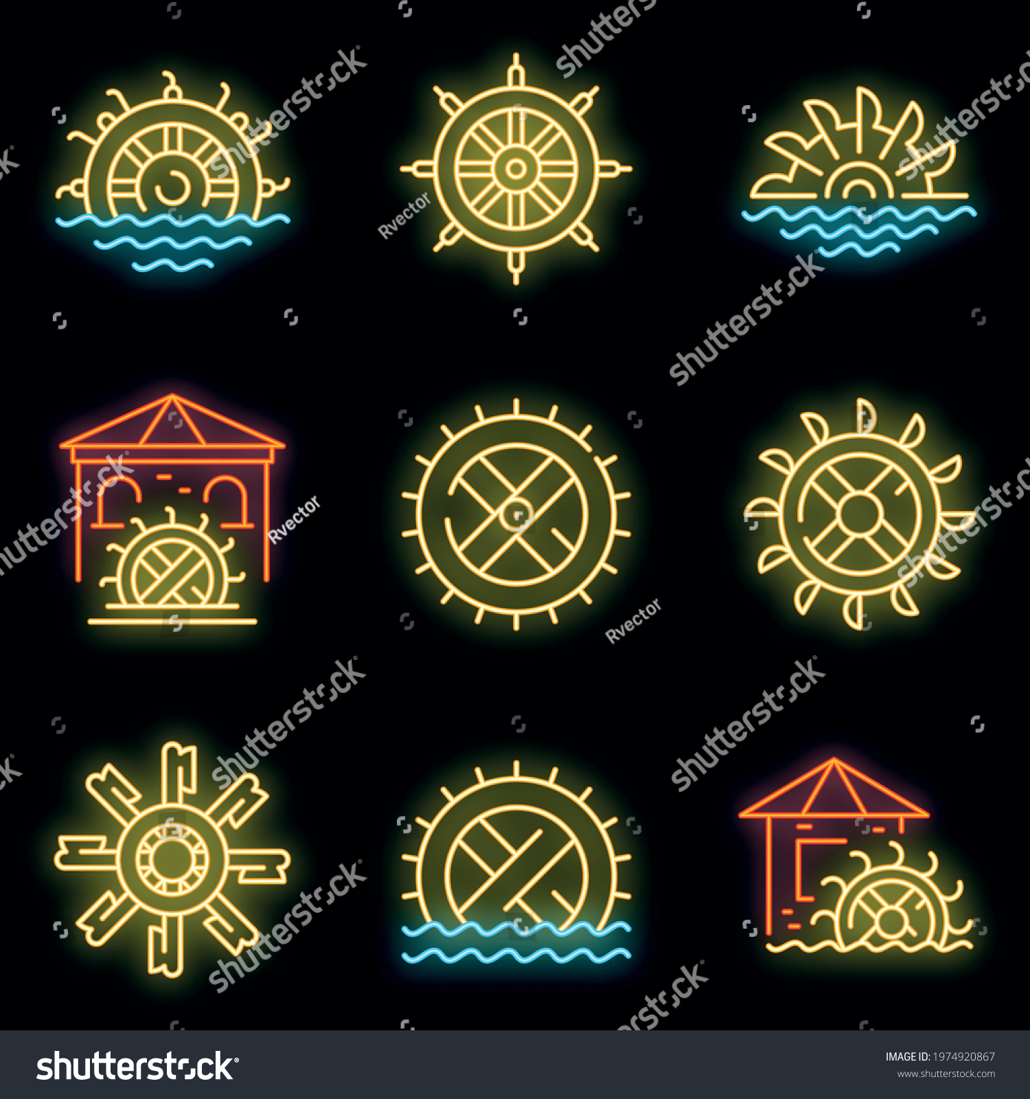 Water Mill Icons Set Outline Set Stock Vector Royalty Free 1974920867