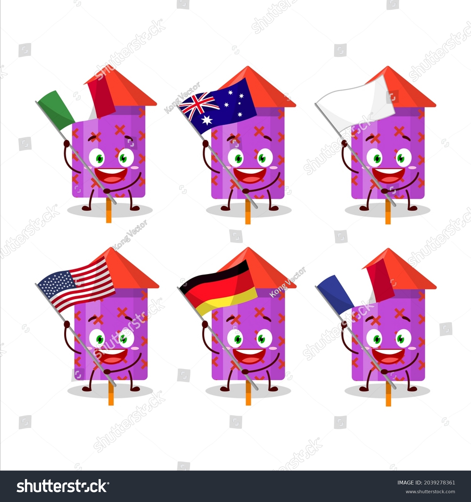 Purple Firecracker Cartoon Character Bring Flags Stock Illustration