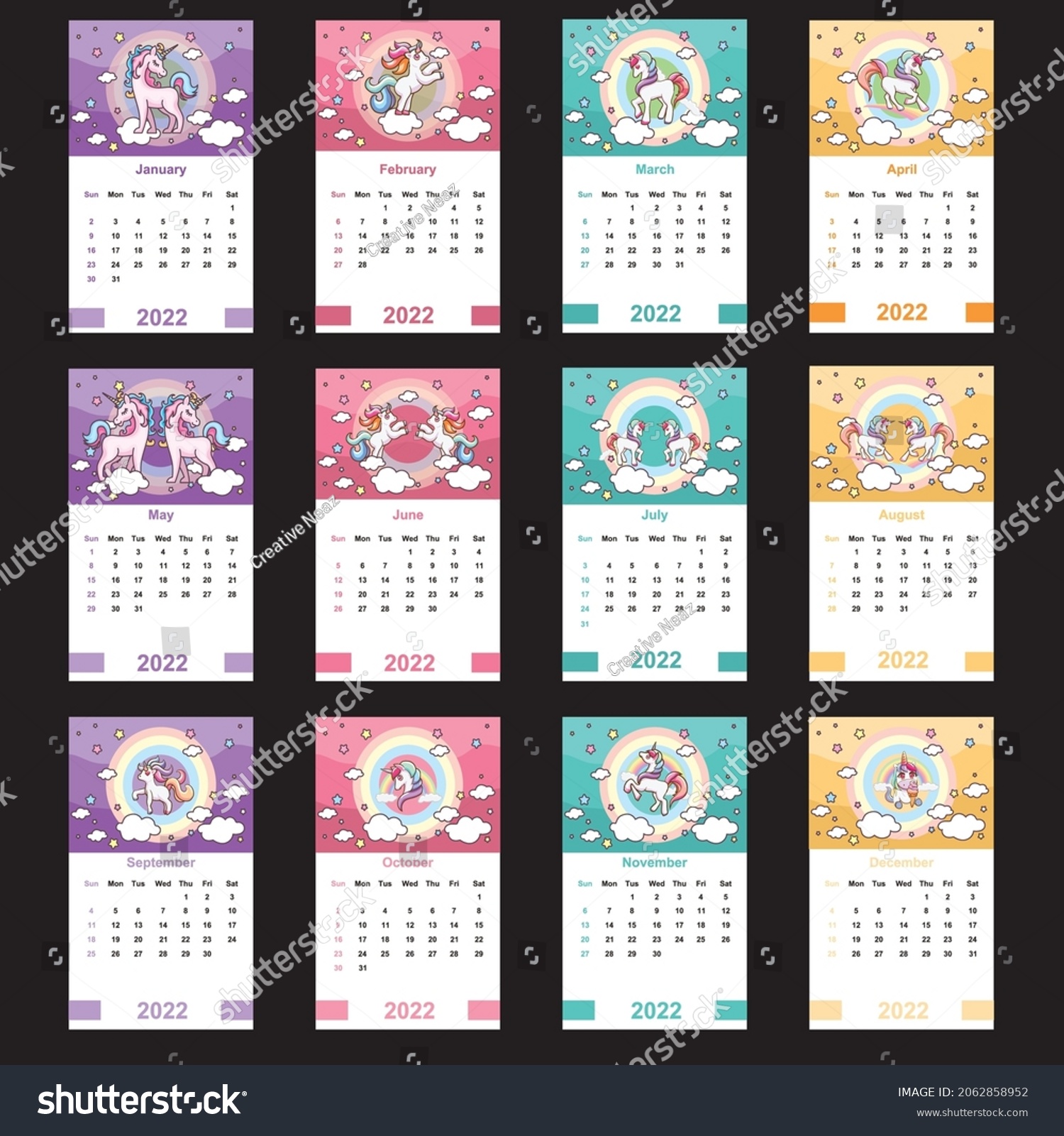 This Fun Set Unicorn Calendars 2022 Stock Vector (Royalty Free ...