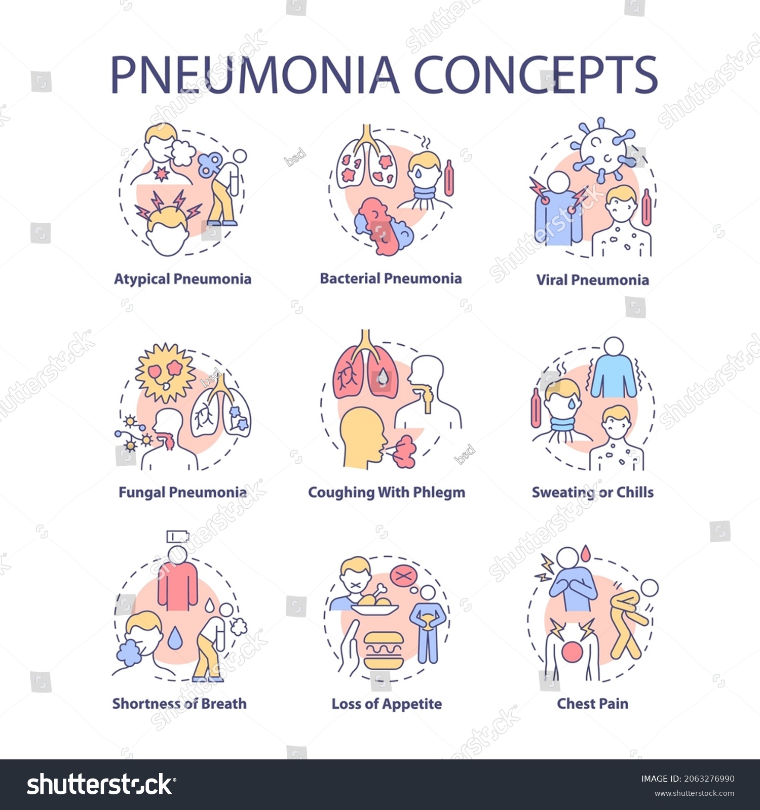 Pneumonia Concept Icons Set Pulmonary Inflammation Stock Vector
