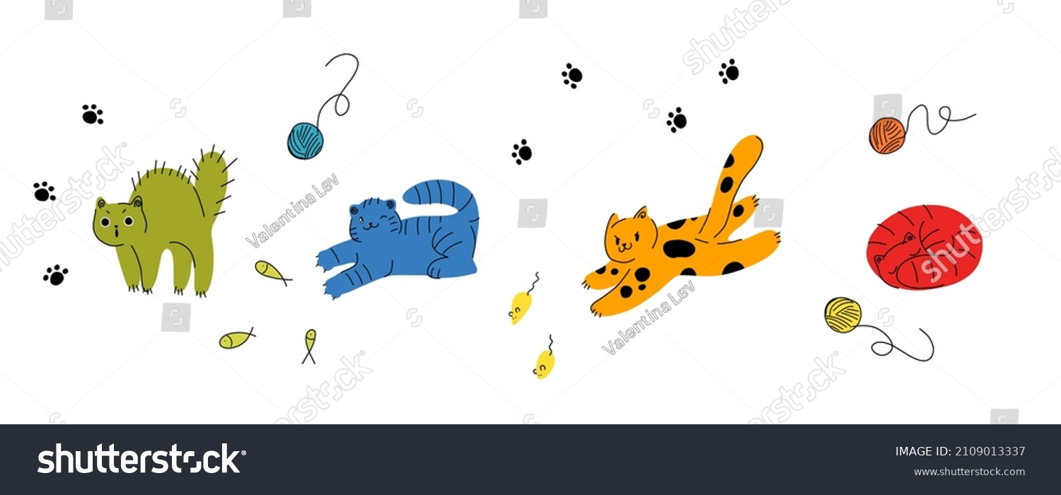 Cartoon Cat Set Different Poses Emotions เวกเตอร์สต็อก ปลอดค่า