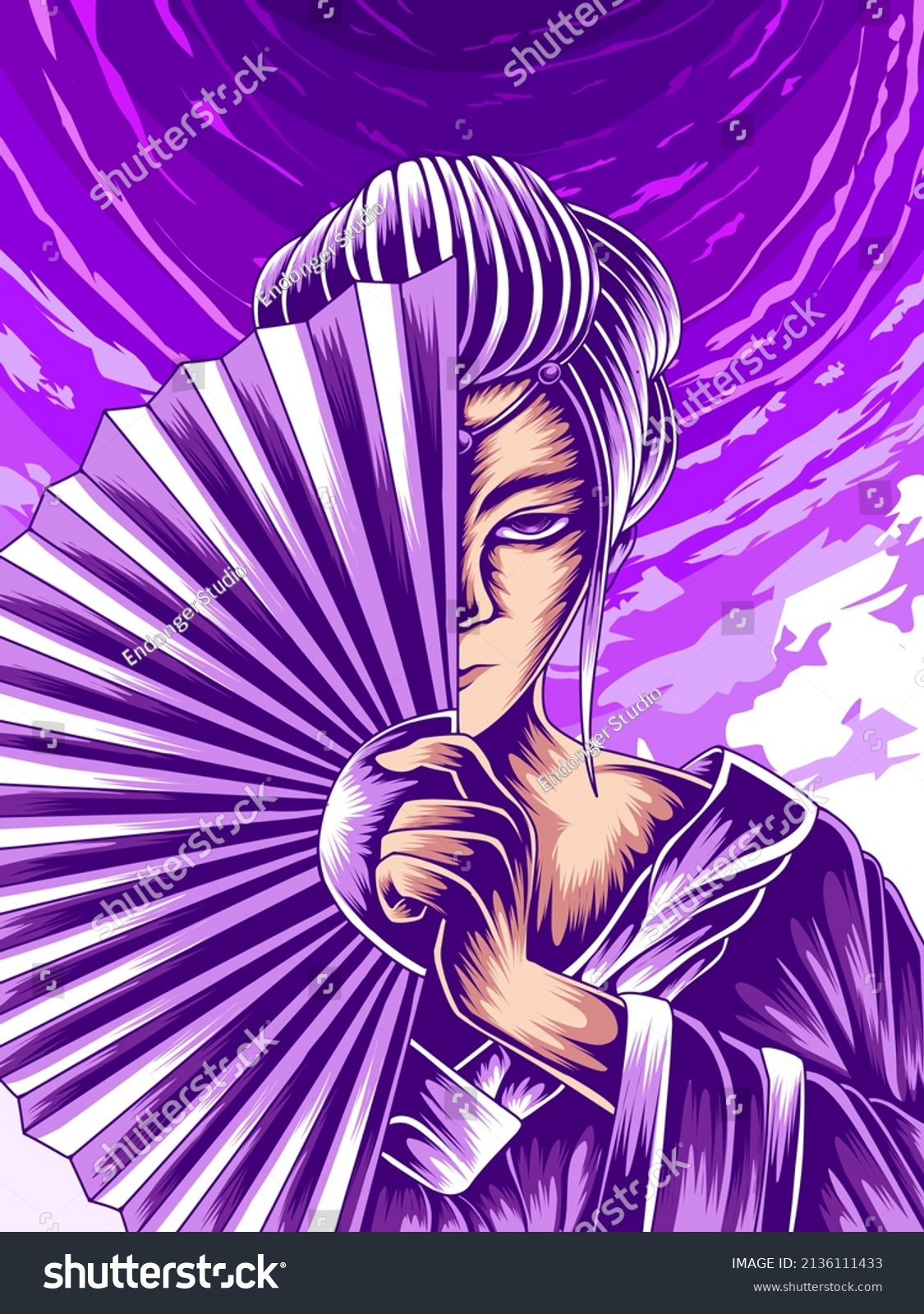 Illustration Geisha Holding Fan Stock Vector Royalty Free 2136111433