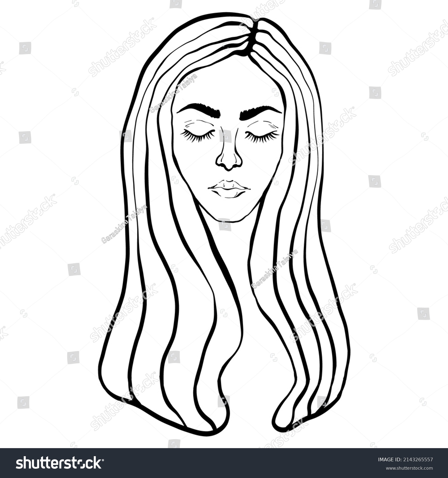 Portrait Woman Long Hair Closed Eyes Stock Vector Royalty Free