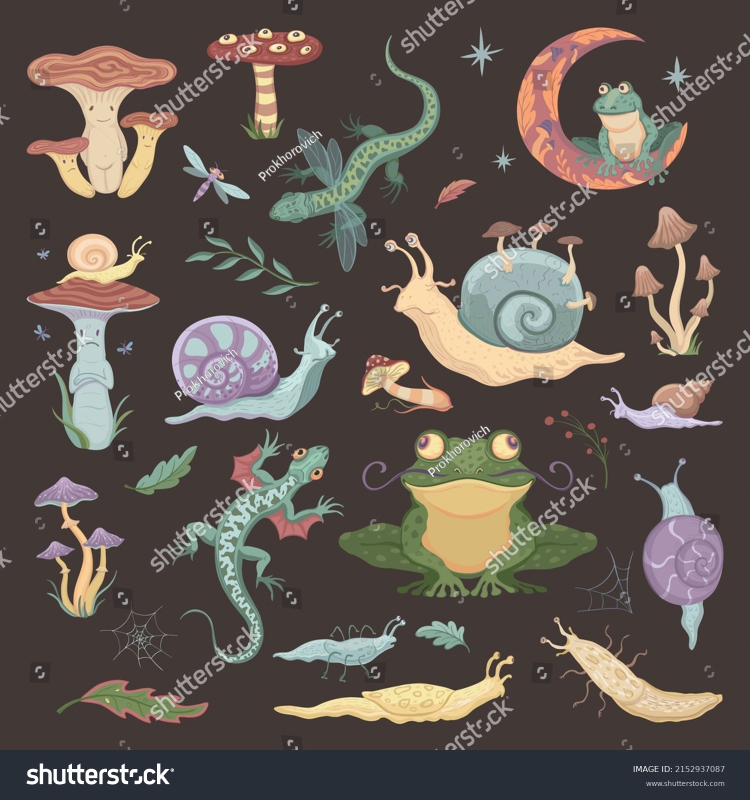 Collection Colored Cartoon Sketches Goblincore Style Stock Vector
