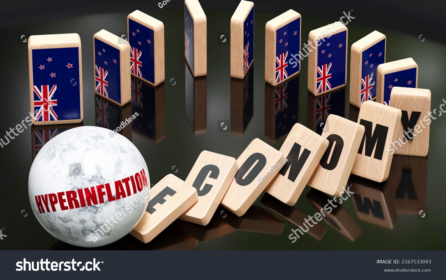 New Zealand Hyperinflation Economy Domino Effect Stock Illustration