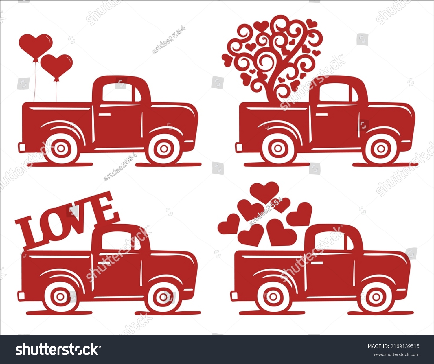 Set Valentines Red Truck Hearts Flat Stock Vector Royalty Free