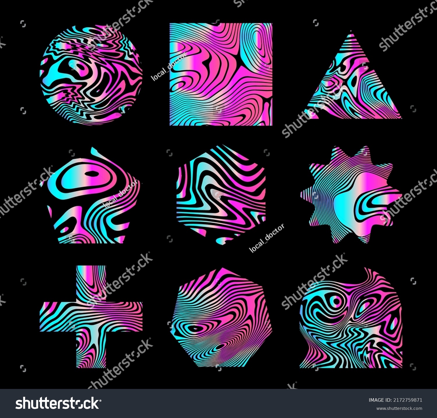 Set Holographic Geometric Shapes Glitched Distorted Stock Vector