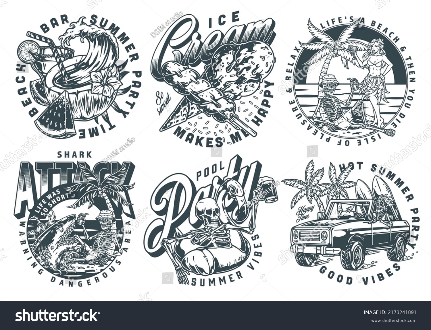 Beach Party Set Vintage Monochrome Posters Stock Vector Royalty Free