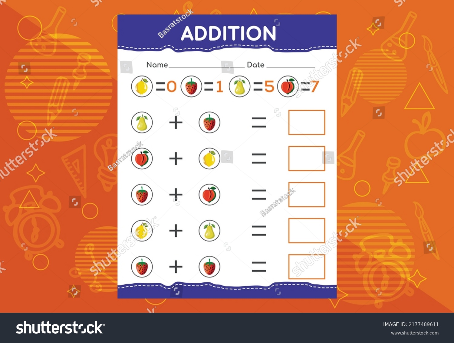 Addition Different Fruits Kids Educational Worksheet Stock Vector ...