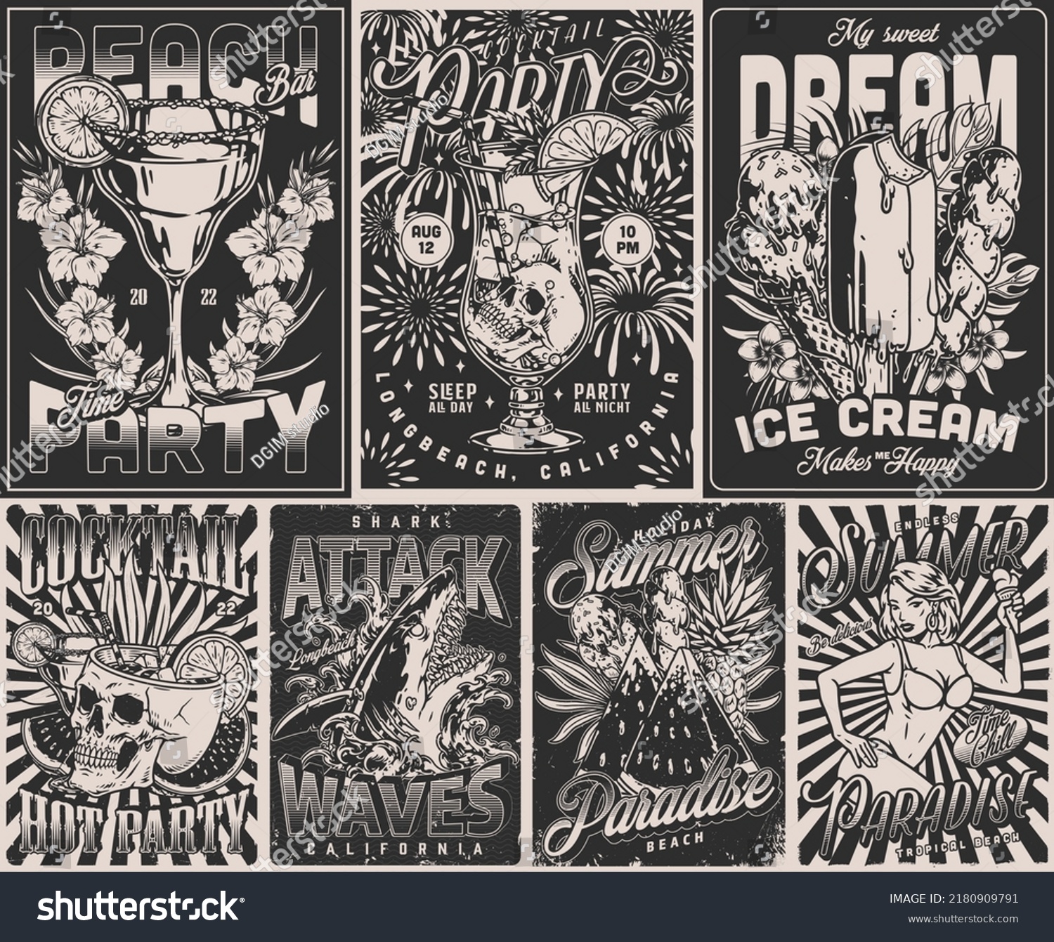 Beach Party Set Vintage Monochrome Posters Stock Vector Royalty Free