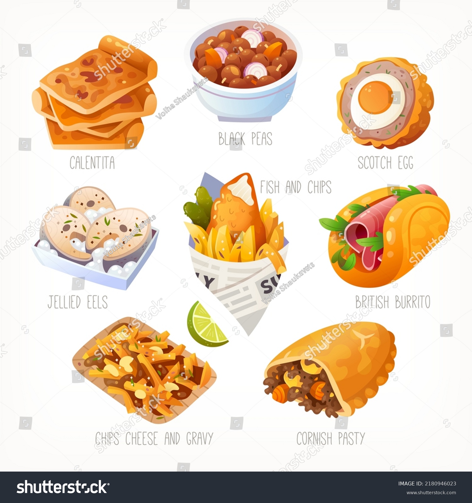 Collection Classic Traditional British Street Foods Stock Vector