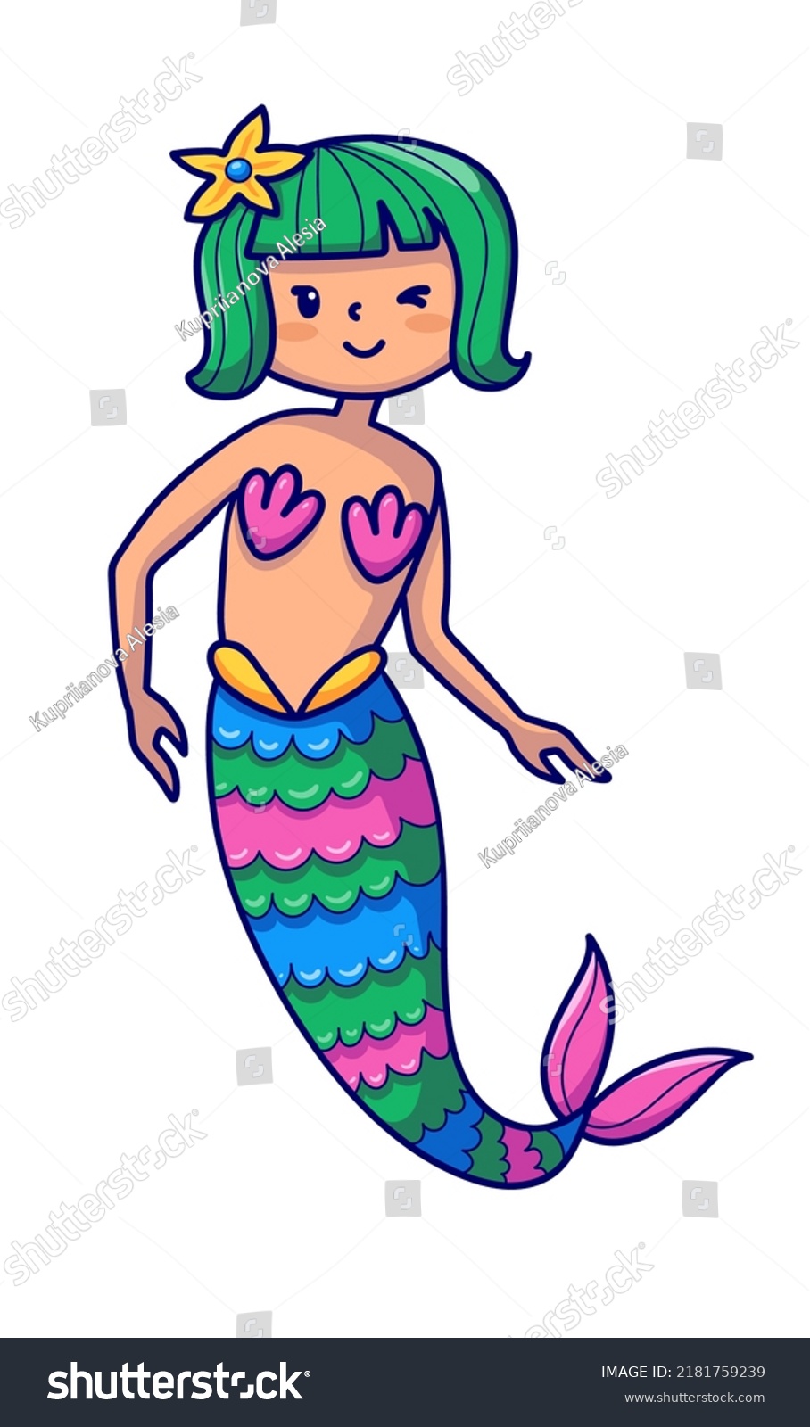 Cute Young Mermaid Short Green Hair Stock Vector Royalty Free 2181759239 Shutterstock