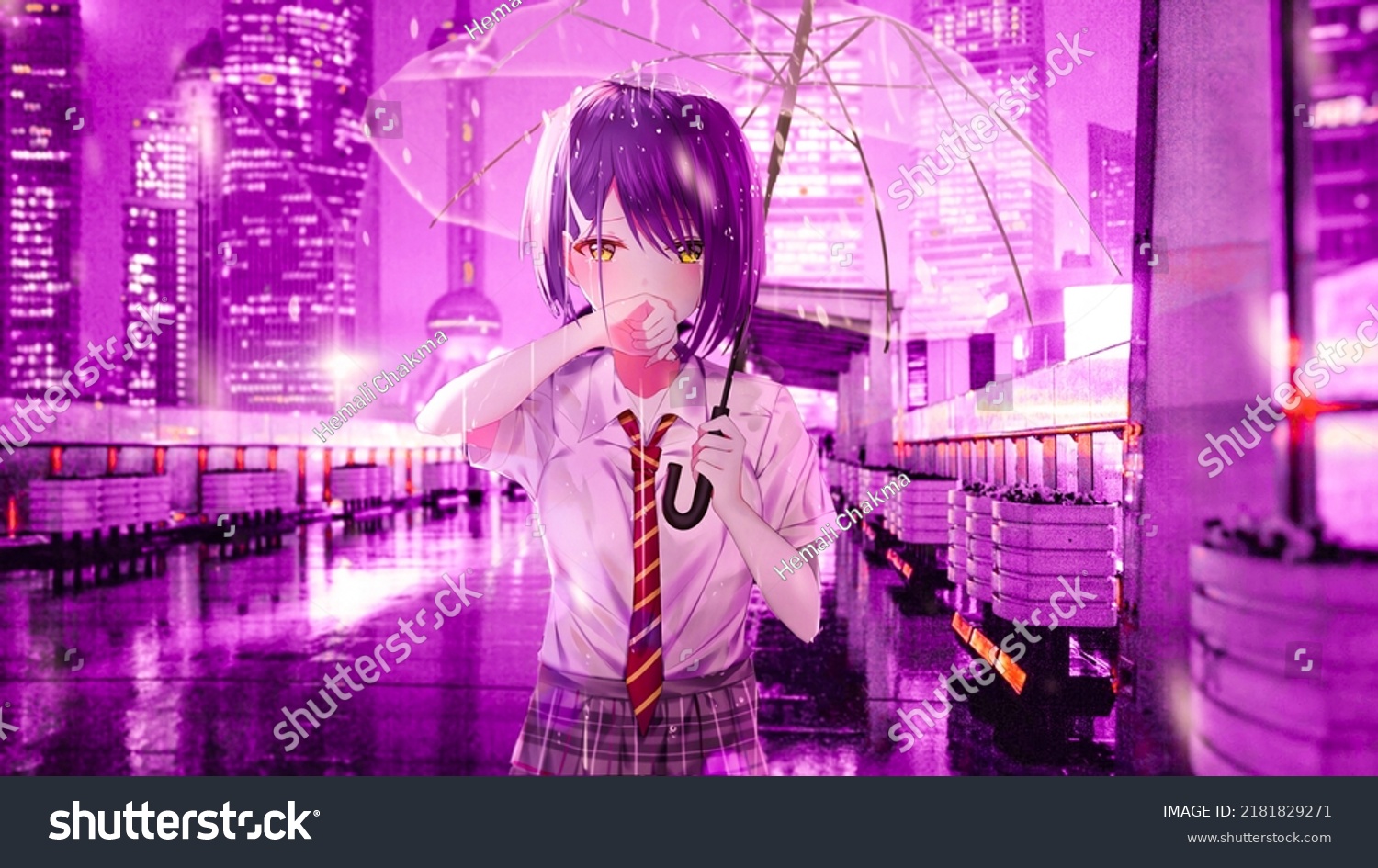 Anime Girl Umbrella Fantasy Digital Art Stock Illustration 2181829271