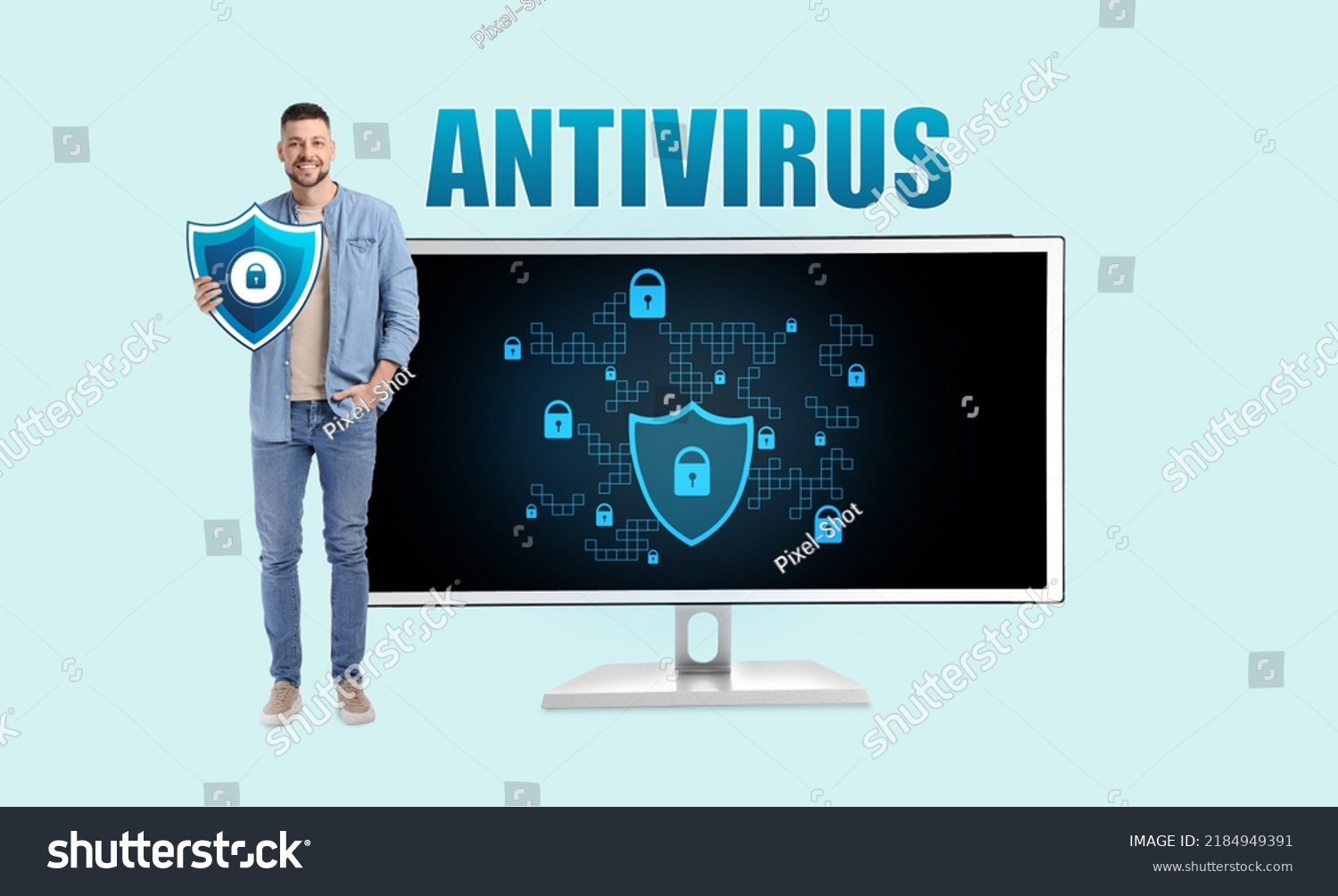 Man Icon Antivirus Big Computer Monitor Stock Photo 2184949391 ...