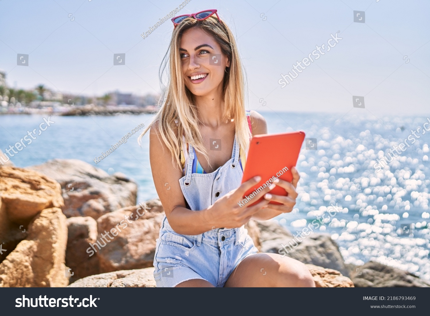 Young Blonde Girl Using Touchpad Sitting Stock Photo 2186793469 ... Young Blonde Girl Using Touchpad Sitting Stock Photo 2186793469 ...