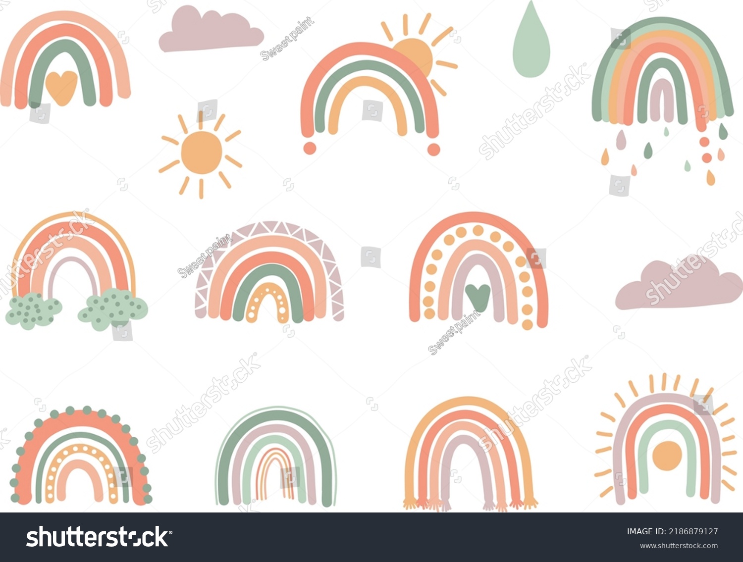 Hand Drawn Boho Rainbows Cute Set Stock Vector Royalty Free