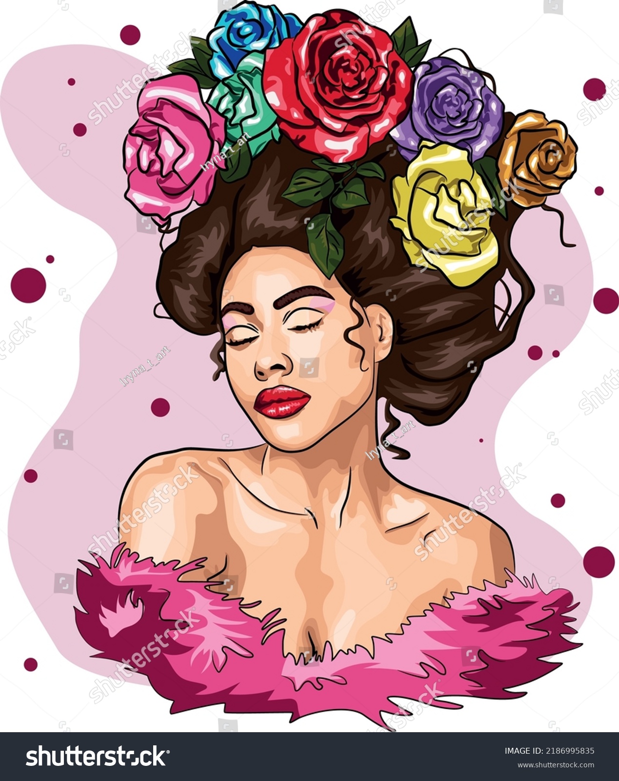 Pretty Woman Flower Wreath Portrait Flat Stock Vector Royalty Free