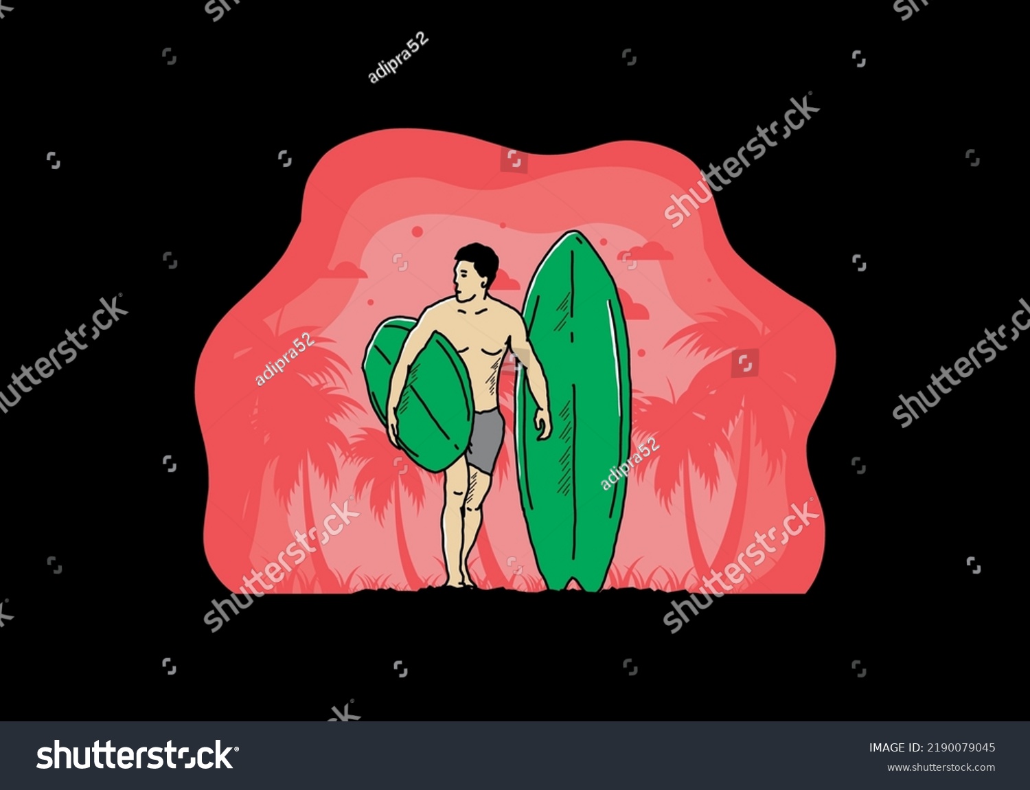 Shirtless Man Holding Surfboard Illustration Design Stock Vector