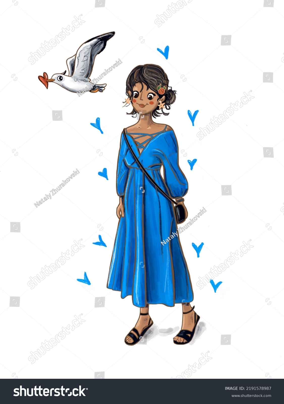 Cartoon Girl Princess Blue Dress Walking Stock Illustration 2191578987