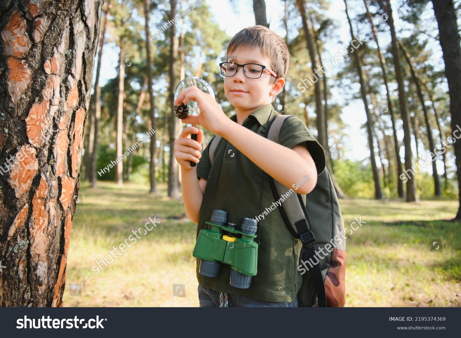Schoolboy Exploring Nature Magnifying Glass Summer Stock Photo ... Schoolboy Exploring Nature Magnifying Glass Summer Stock Photo ...