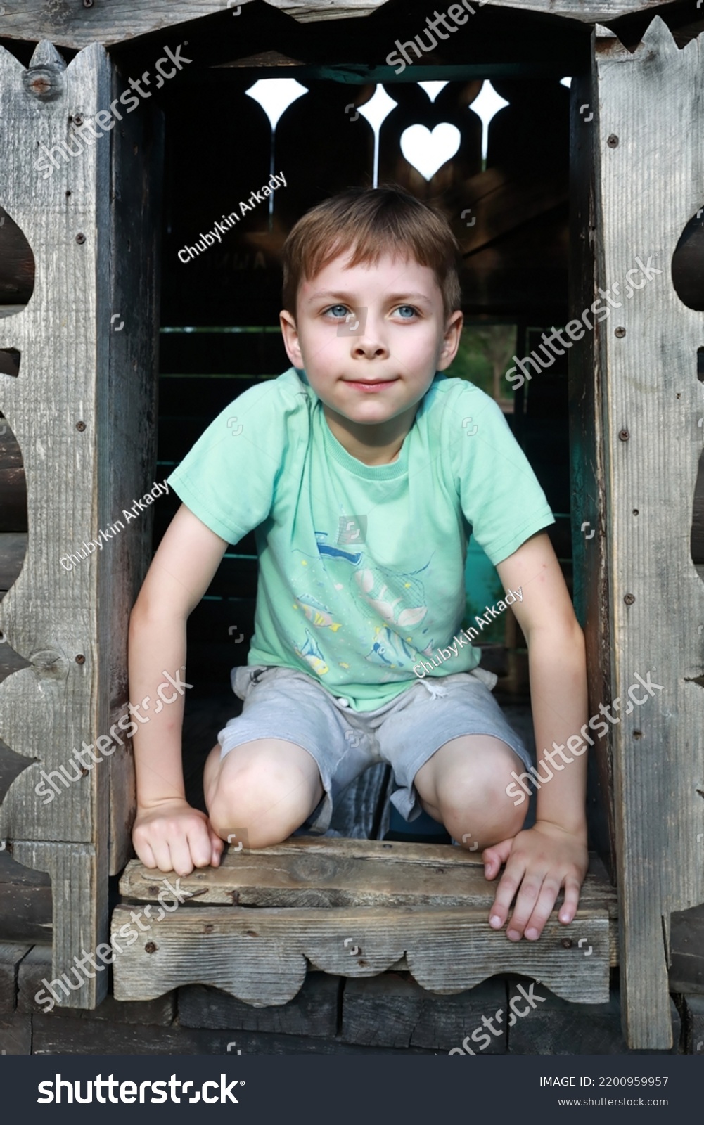 Portrait Child Window Opening Wooden House Stock Photo 2200959957 ... Portrait Child Window Opening Wooden House Stock Photo 2200959957 ...