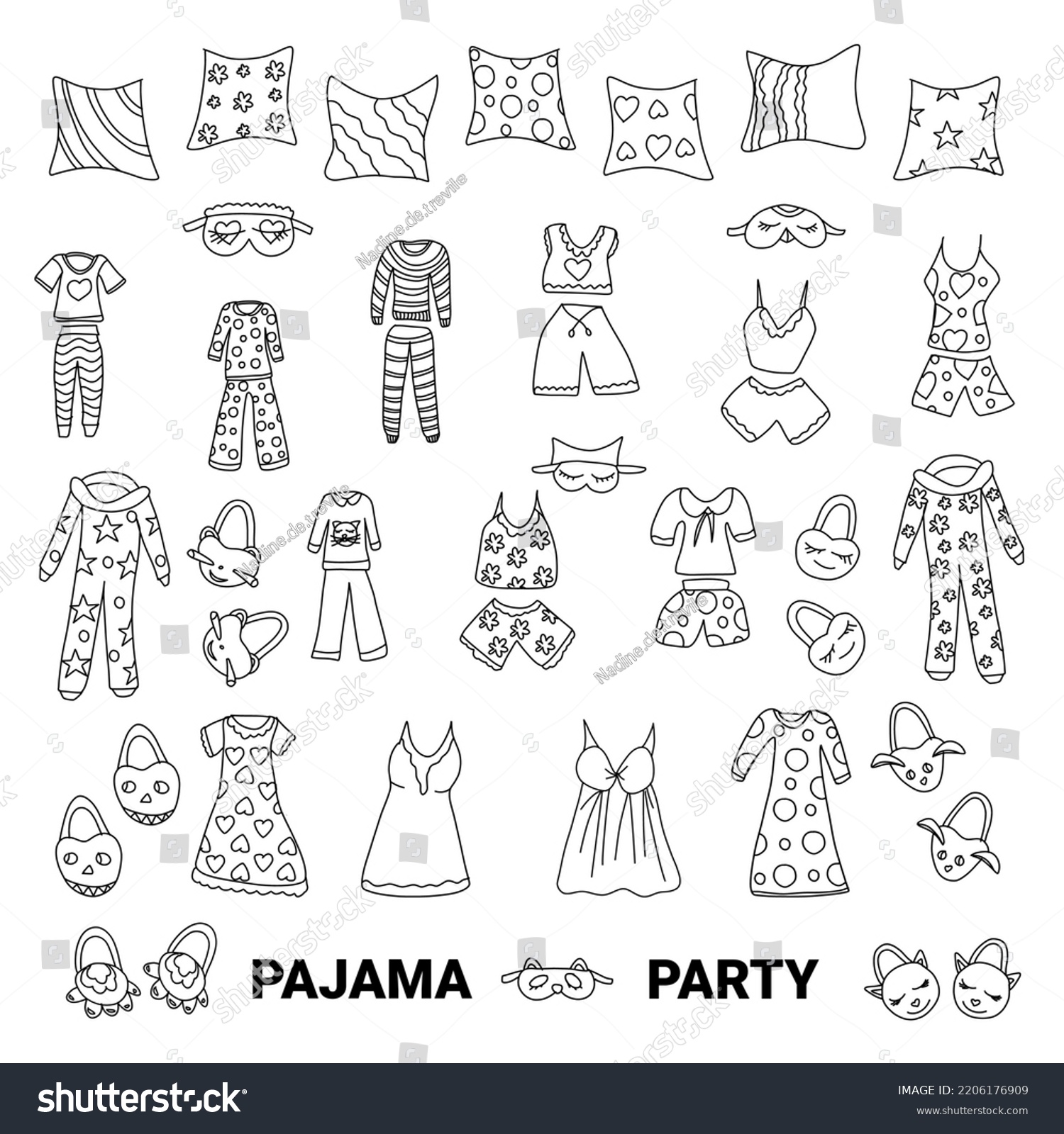 Set Doodlestyle Drawings Design Pajama Party Stock Vector Royalty Free