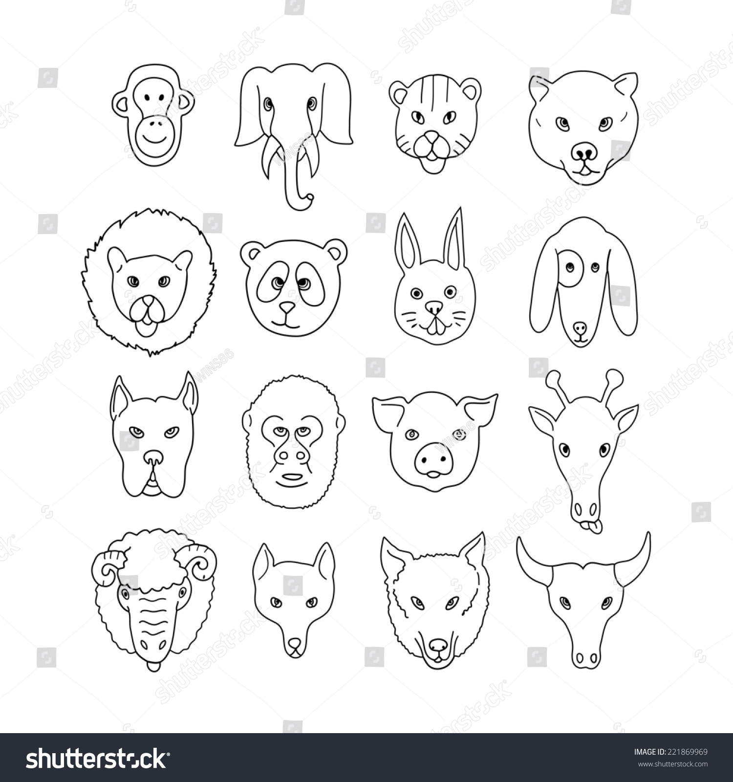 Zoo Animal Faces Set Stock Illustration 221869969 | Shutterstock