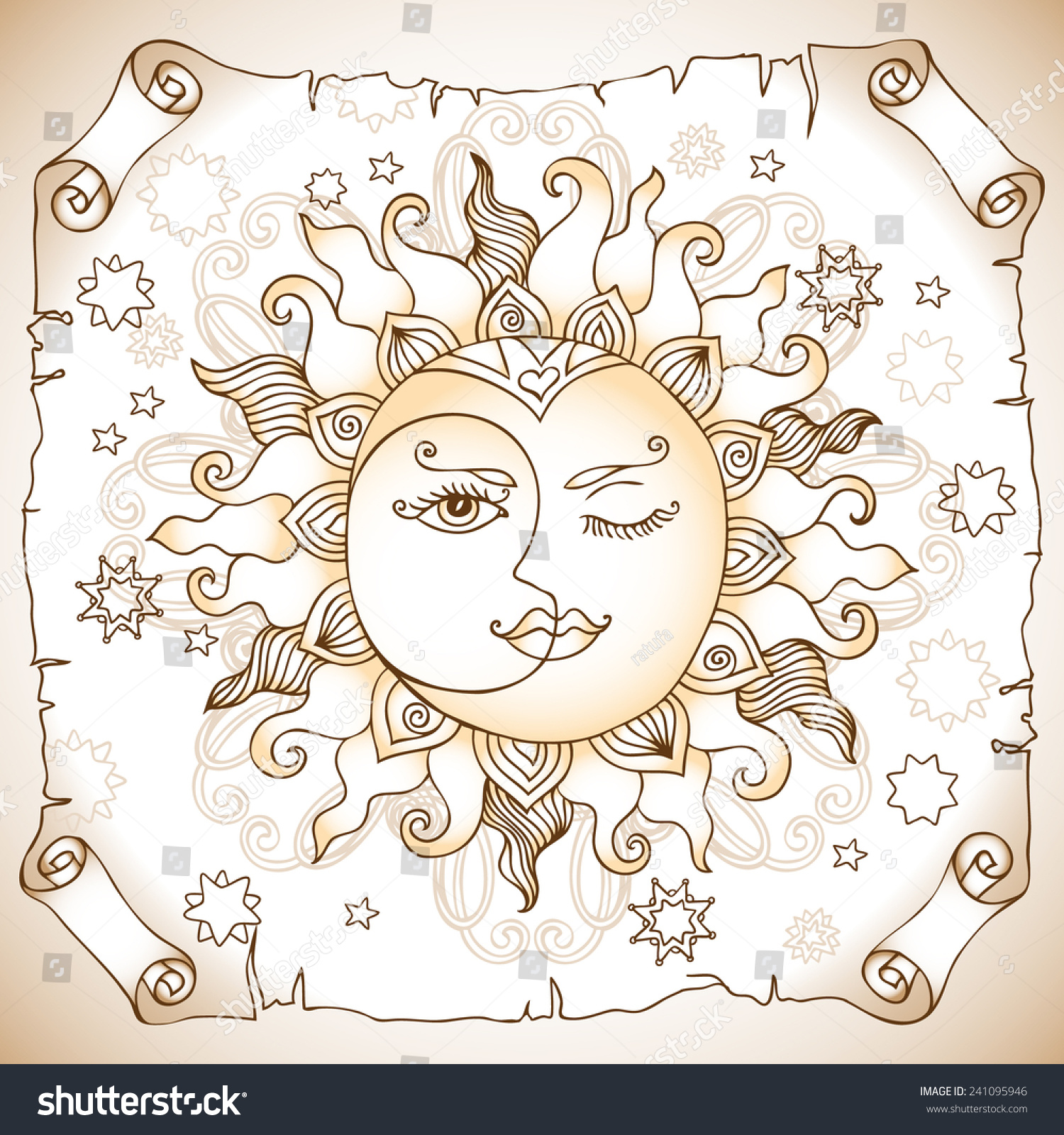 Illustration Vintage Stylized Magic Sun Moon Stock Vector (Royalty Free ...