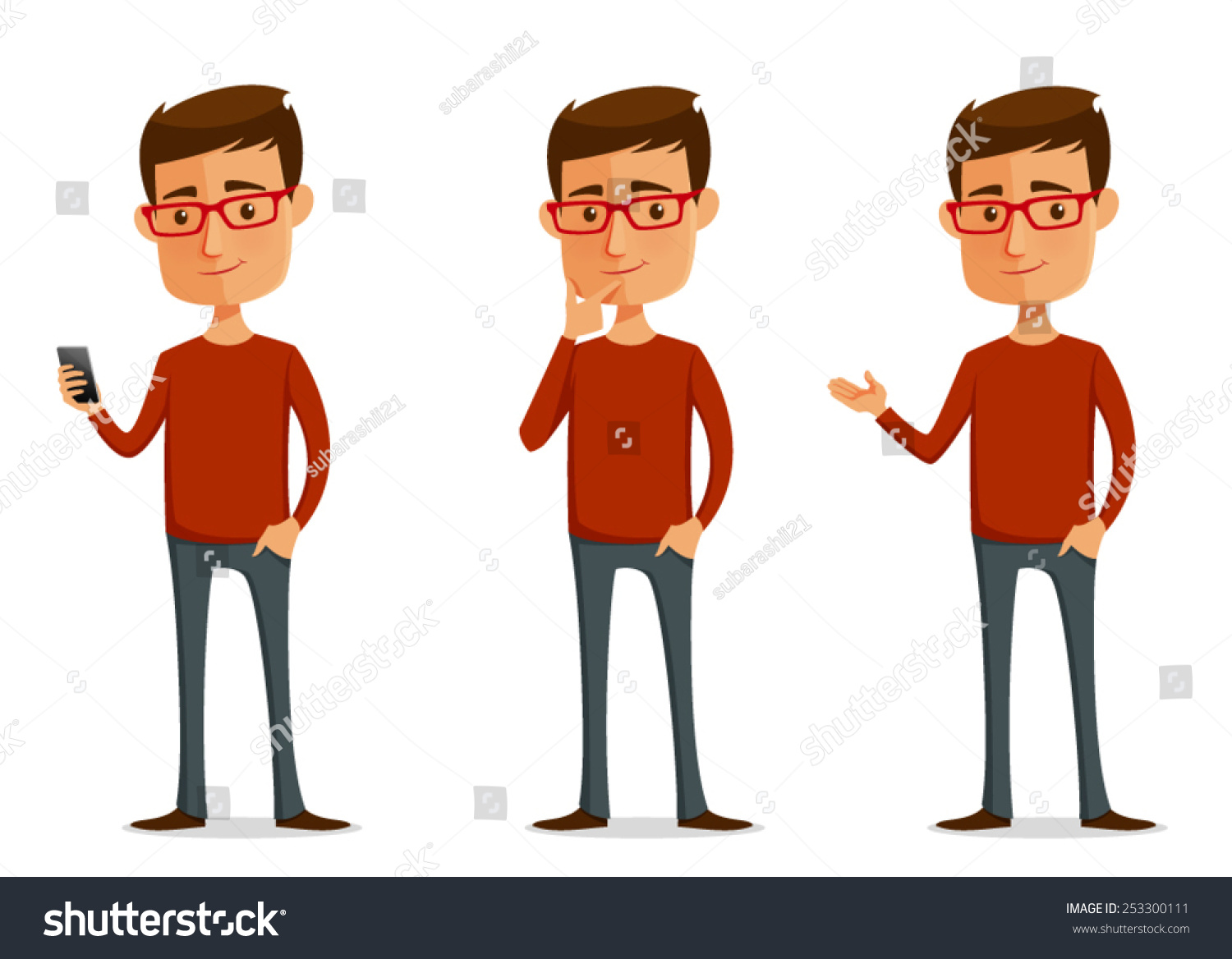 Funny Cartoon Guy Glasses Various Poses Stock Vector Royalty Free 253300111 Shutterstock