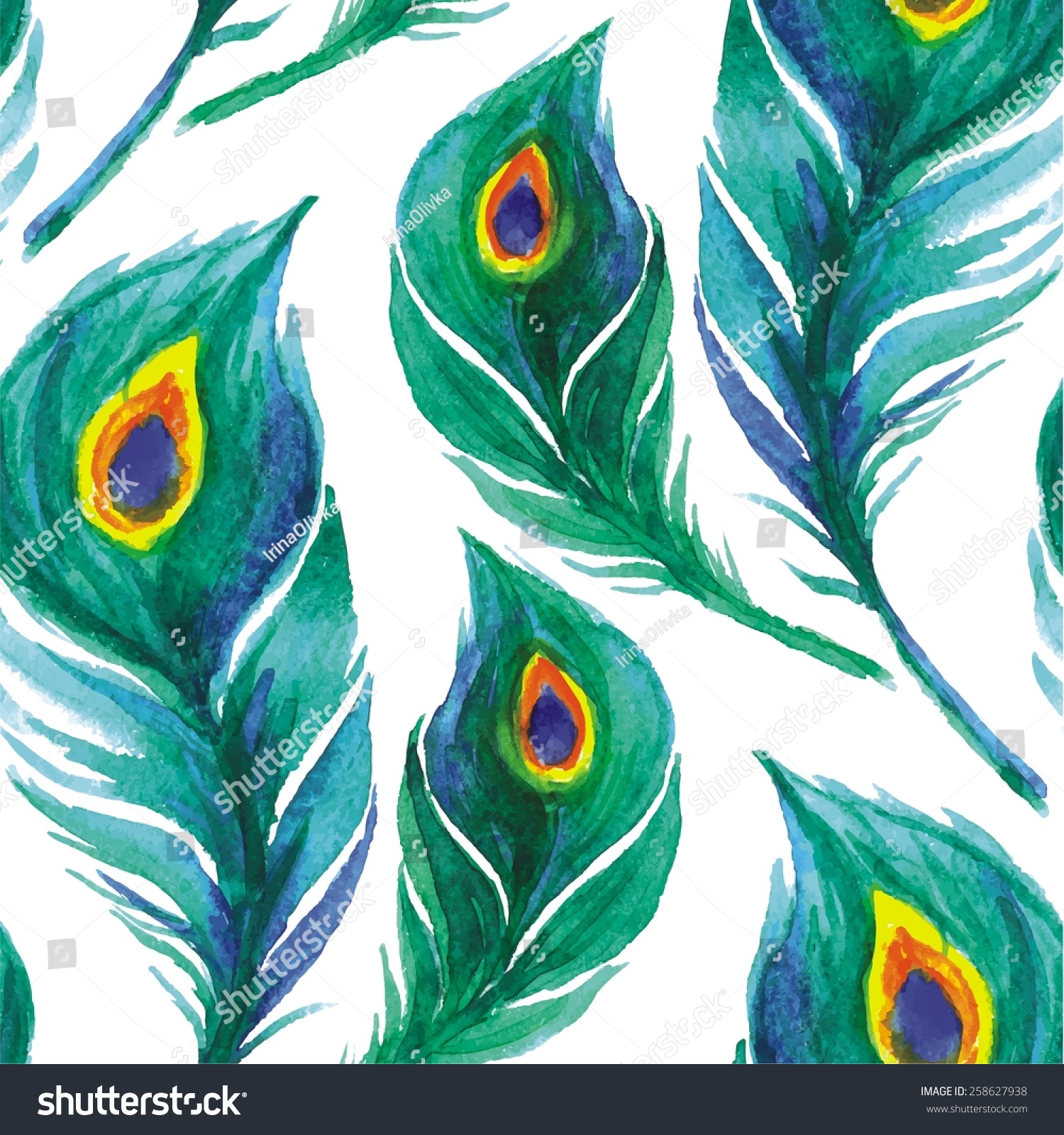 Peacock Feather Seamless Pattern Watercolor Background Stock Vector