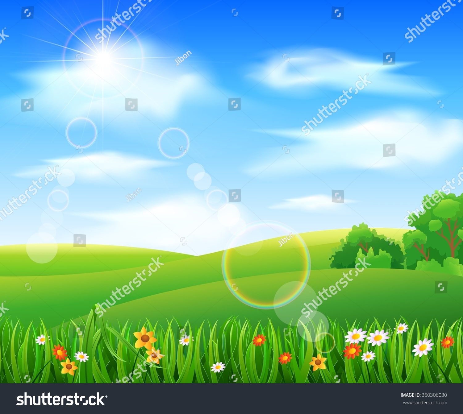 Nature Background Green Grass Flowers Blue Stock Vector Royalty Free 350306030 Shutterstock