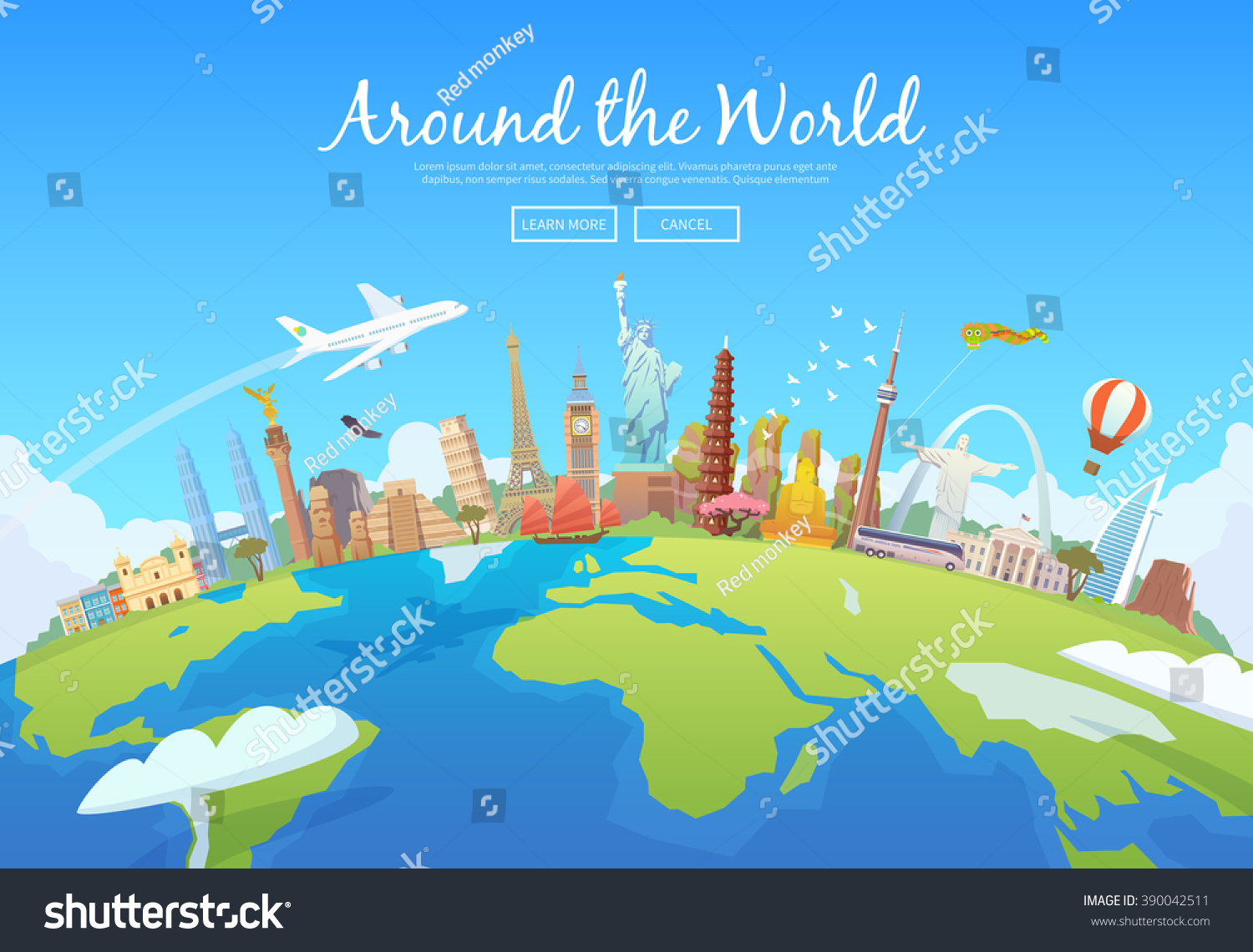 前往世界。公路旅行。旅游。全球地标。概念网站模板。矢量插图。现代平面设计。 库存矢量图（免版税）390042511 Shutterstock