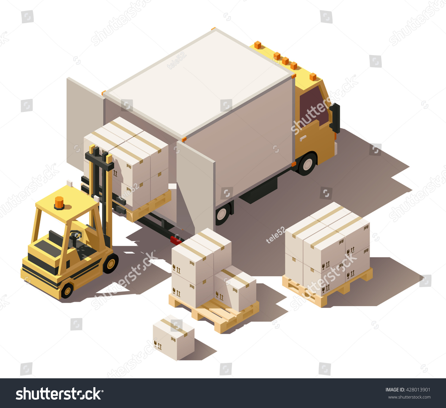 矢量等距信息图元素或图标表示箱式卡车和叉车装载托盘与纸板箱。 低聚合物风格 库存矢量图（免版税）428013901 | Shutterstock