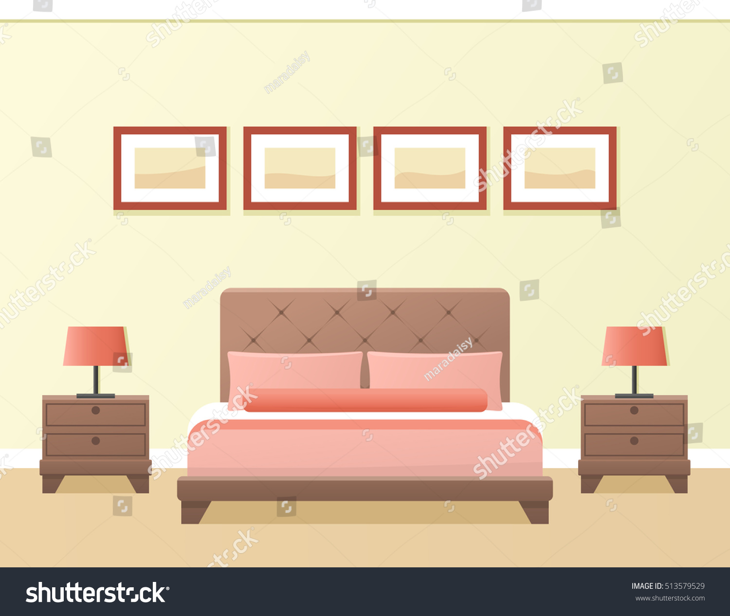 Hotel Room Bedroom Interior Flat Style Stock Vector Royalty Free