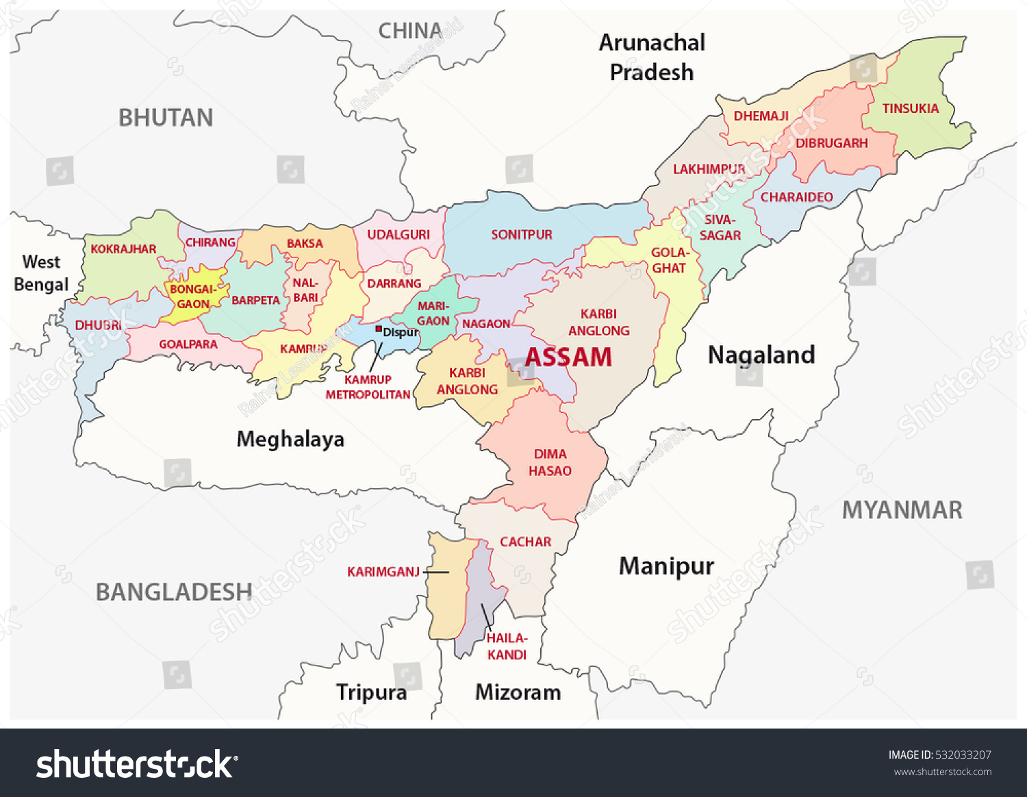 Assam Administrative Political Map Vector Có Sẵn Miễn Phí Bản Quyền 532033207 Shutterstock