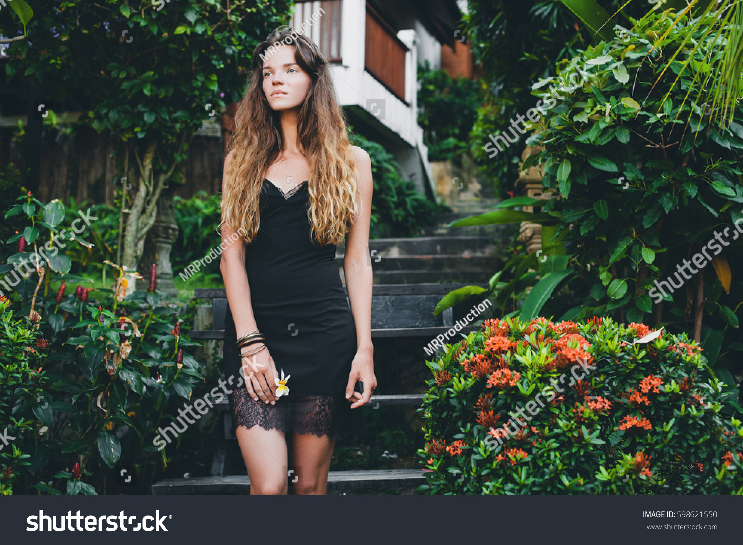 Стоковая фотография 598621550 Young Beautiful Sexy Woman Tropical Garden Shutterstock