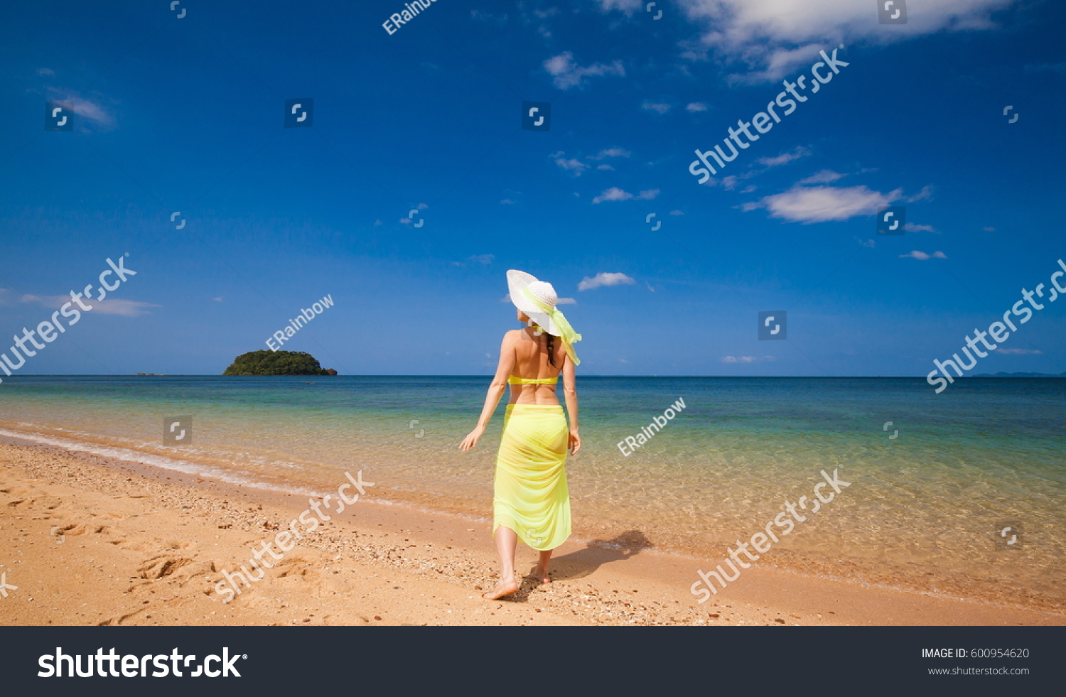 Стоковая фотография 600954620 Beautiful Sexy Woman Has Yellow Bikini Shutterstock