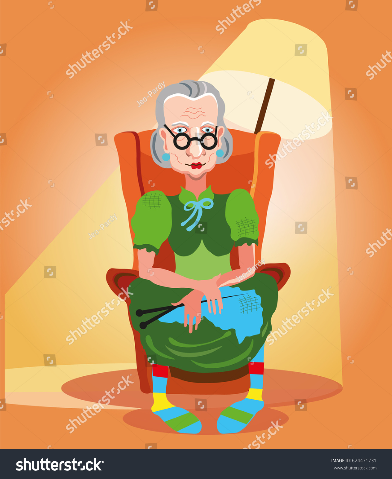 Cute Cartoon Character Grandmother Sitting Chair เวกเตอร์สต็อก ปลอด