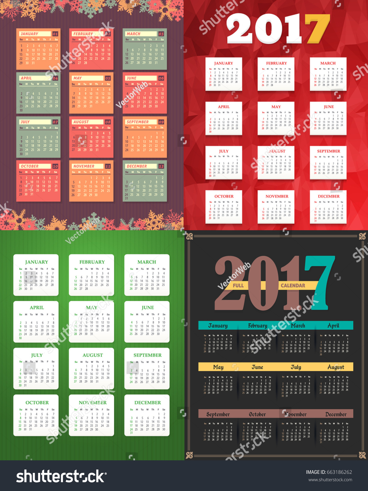 2017 Full Calendar Set Different Background Stock Vector (Royalty Free ...