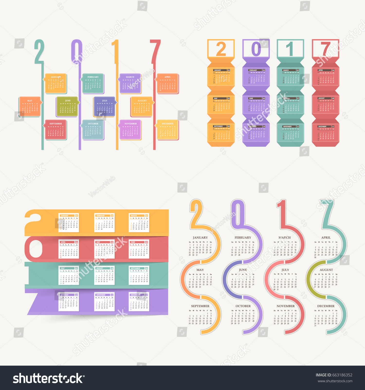 2017 Full Calendar Set Different Background Stock Vector (Royalty Free ...