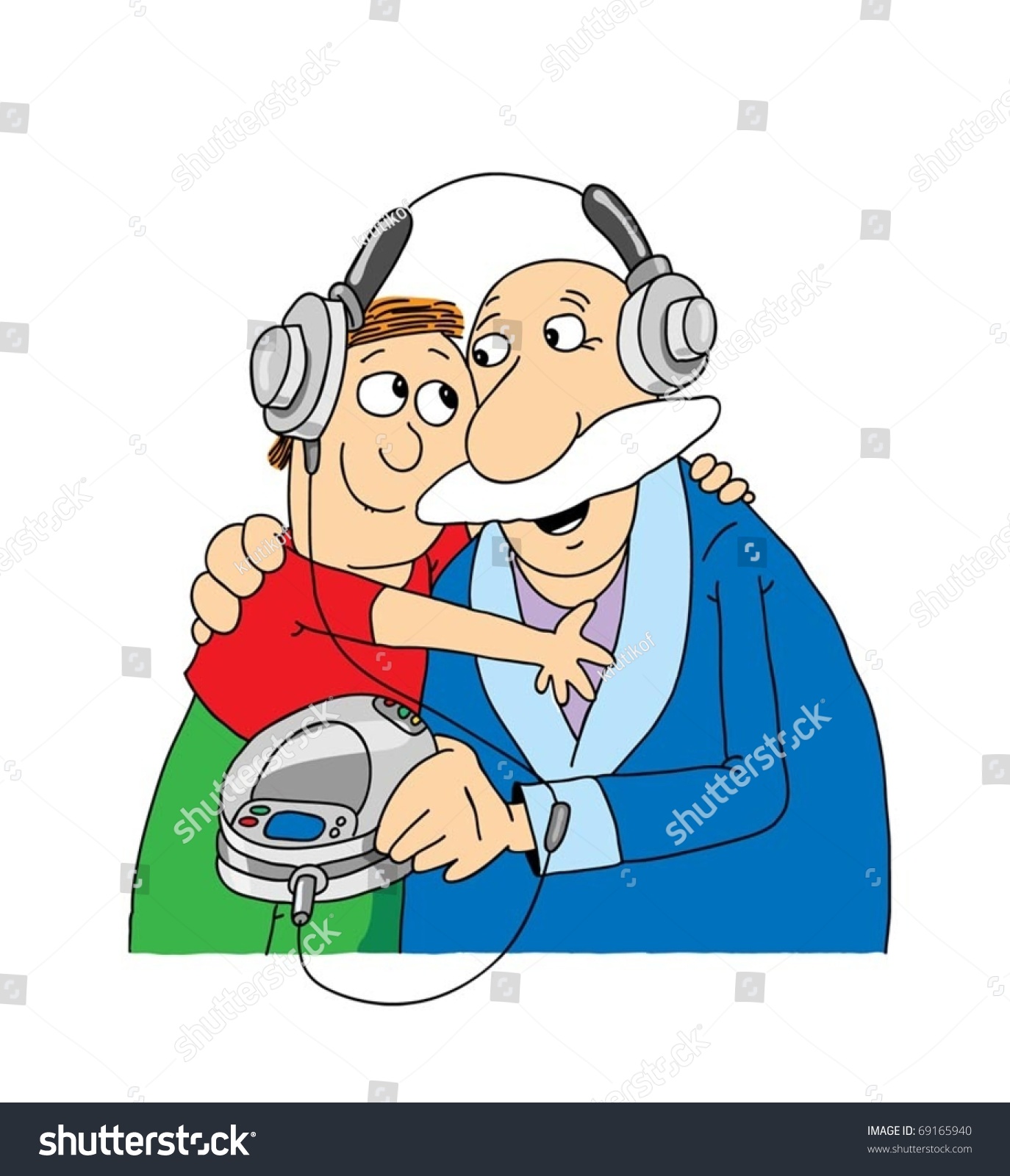 Grandfather Grandson Together Listen Music Stock Vector Royalty Free